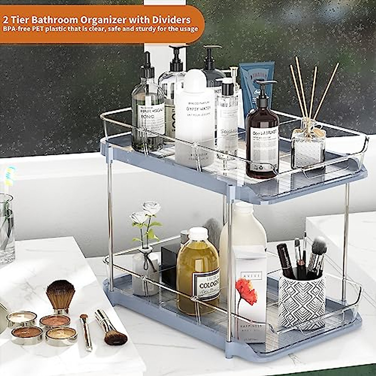 2 PCS Under Sink Organizers and Storage - 2 Tier Clear Bathroom Organizer Countertop, Multifunction Pull out Cabinet Organizer with 4 Movable Dividers, For Home, Kitchen, Office, Cabinet