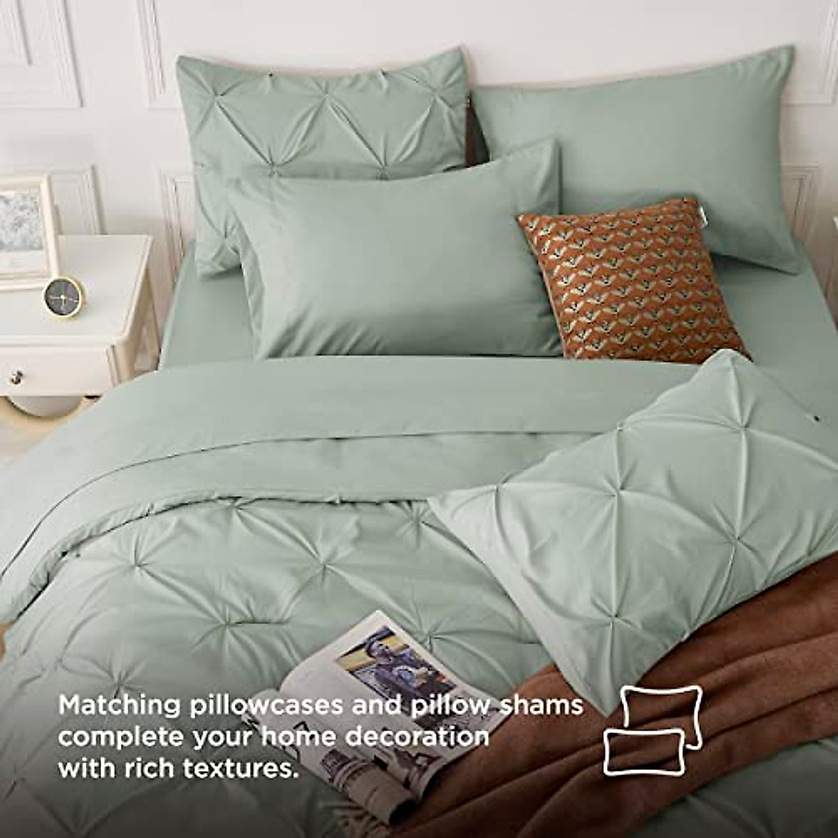 Bedsure Green Comforter Set Queen - Bed in a Bag Queen 7 Pieces, Pintuck Beddding Sets Green Bed Set, Spring Bedding with Comforter, Sheets, Pillowcases & Shams