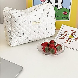 BILIPOPX 2 Pack Kawaii Cute Makeup Bag Aesthetic Travel Quilted Cotton Cosmetic Bag Organizer Toiletry Pouch for Women Teen Girls