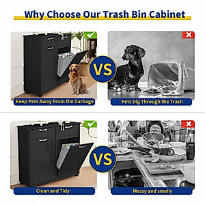 Tilt Out Trash Cabinet 10 Gallon, Trash Can Cabinet with 2 Drawers, Double Freestanding Trash Cabinet, Recycling Cabinet for Laundry, Kitchen, Living Room, Bathroom, Bedroom (Black)