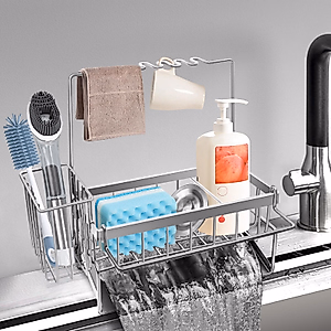 Yazoni 4 in 1 Sponge Holder for Kitchen Sink, Sponge Holder + Brush Holder + Dishcloth Hanger + Sink Stopper Holder with 2 Installation Ways, No Drilling Adhesive Sink Caddy Kitchen Sink Organizer