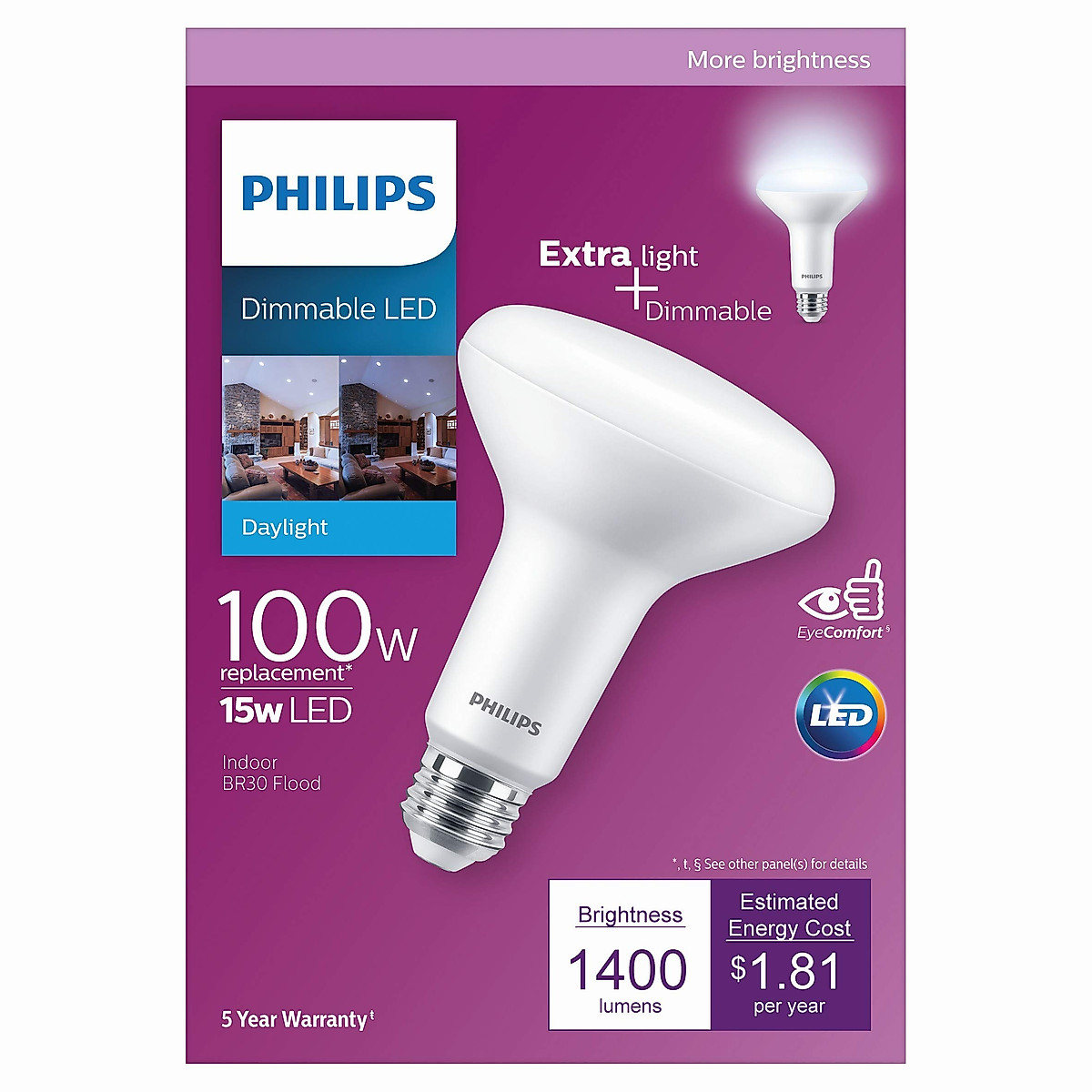 PHILIPS LED Flicker-Free High Lumen Dimmable BR30 Flood Light Bulb, 1400 Lumen, Daylight (5000K), 15W=100W, E26 Base, Title 20 Certified, 4-Pack