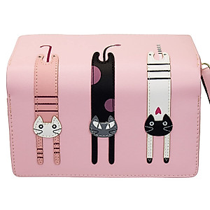 Valentoria® Birthday Gifts for Women's Mini Faux Leather Bifold 3 Cat Design Clutch Wallet(Long Pink)