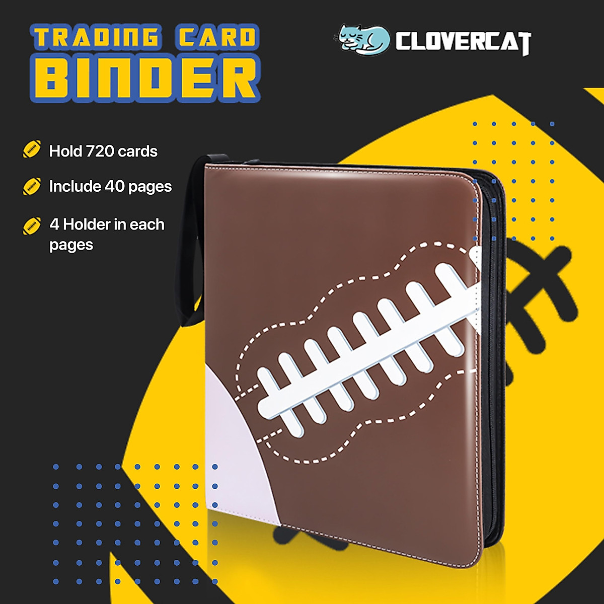 Football Card Binder, 9 Pocket Sports card binder, 720 Double Sided Pocket Waterproof Binder, Football trading cards Zip Album, Expandable, Compatible with Gaming Cards, Yugioh, MTG and Other TCG