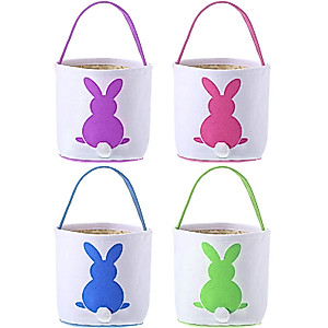 Blulu 4 Pieces Easter Bunny Basket Bags Canvas Gift Basket with Fluffy Tail for Kids Party Decoration and Daily Use