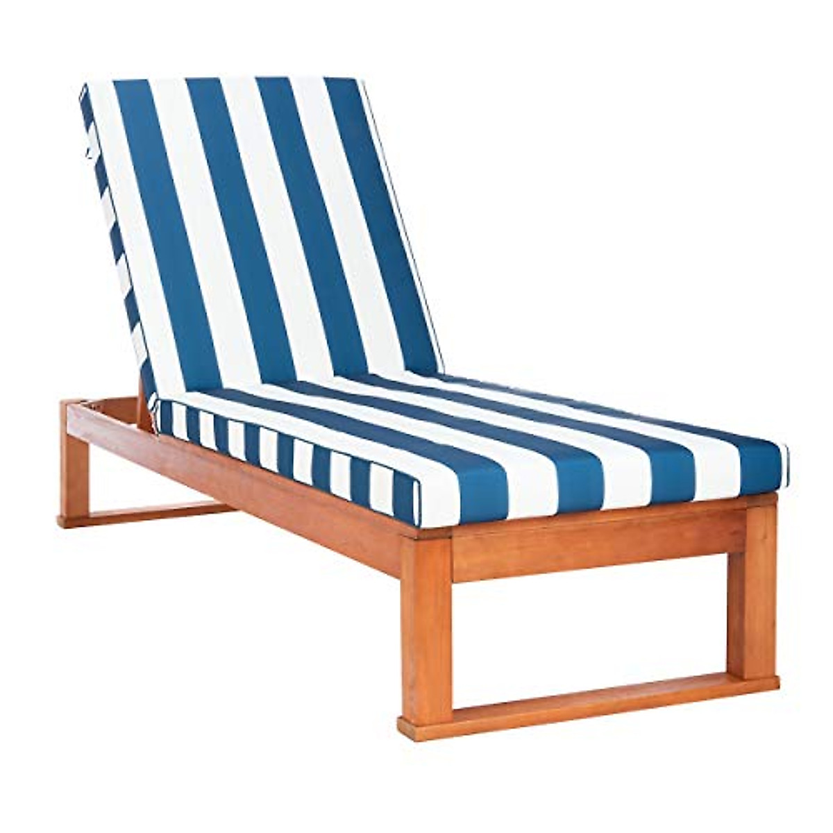 SAFAVIEH Outdoor Collection Solano Natural Wood/ Navy Stripe Cushion Patio Backyard Chaise Lounger Chair