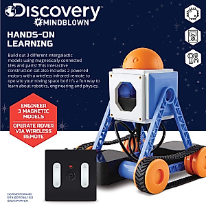 Discovery #MINDBLOWN Customizable Magnetic Building Tiles with Remote Control, 34-Piece Play Set, Build 3 Intergalactic Models, Includes 2 Powered Motors, STEM Toy for Boys and Girls