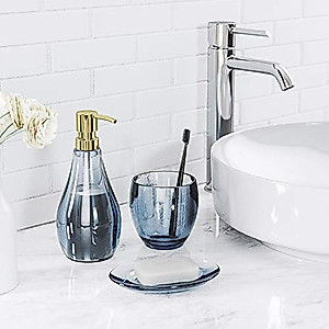 Umbra Droplet, Clear Pump Dispenser-Modern Heavy-Duty Refillable 10-Ounce Soap Container for Bathroom-Perfectly Nested in Amenity Tray, Can Be Placed On Countertop, Sink in Bath, Denim