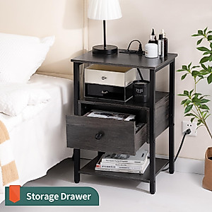 Yoobure Nightstands Set of 2, Night Stand with Charging Station Night Stand with USB Ports, Night Stands with Wood Drawer and Storage Shelf Bedside Table for Bedroom Small Spaces Grey