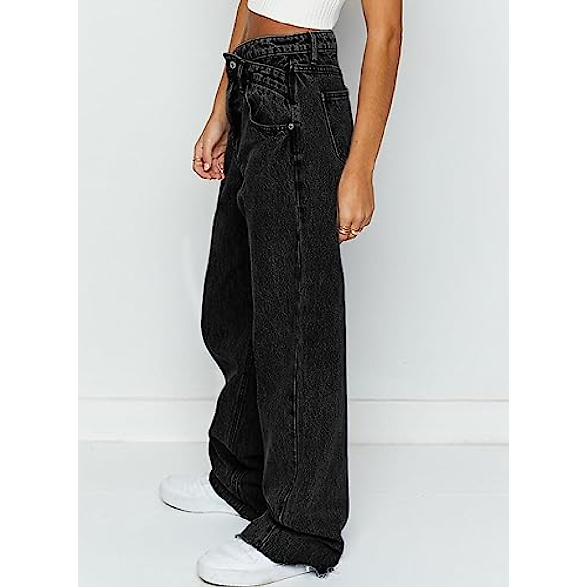 Astylish Black Jeans for Women Mid Waisted Baggy Boyfriend Mom Wide Leg Denim Pants Black Size 16