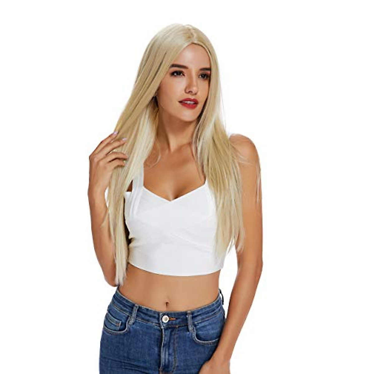JIASLY Blonde wig For Women Synthetic Hair Long Straight Wigs Free Wig Cap 24 Inches