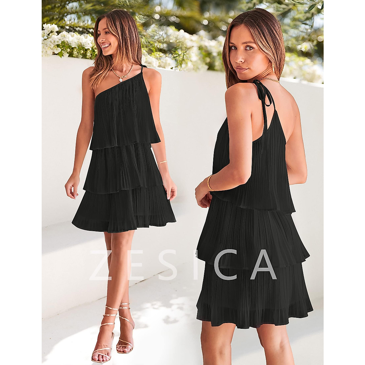 ZESICA Women's Boho Summer One Shoulder Sleeveless Ruffle Tiered Layered Chiffon Pleated A Line Flowy Mini Dress,Black,Medium