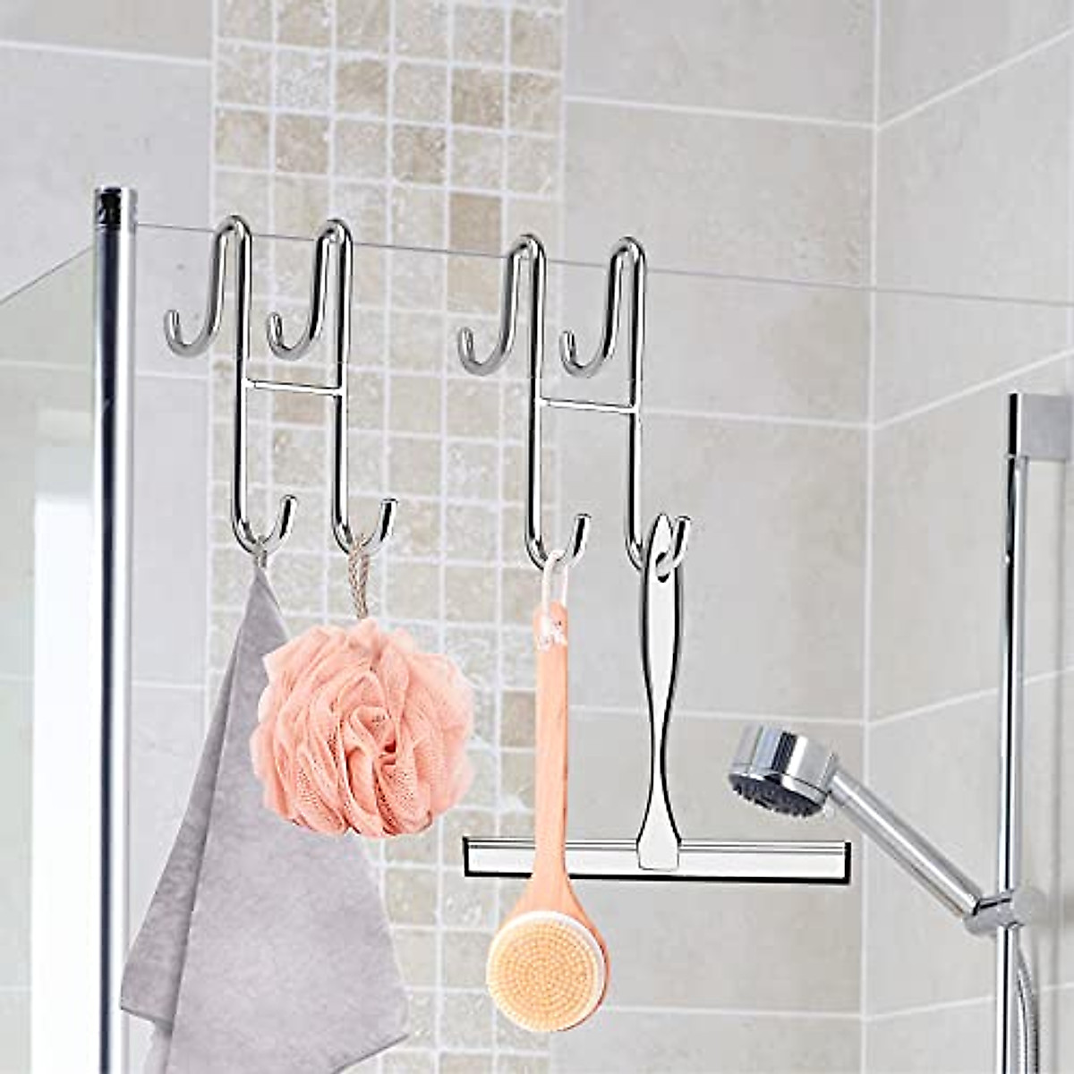 Shower Glass Door Hook, Over The Glass Shower Hook for Loofah, Squeegees, Towel Hanger for Bathroom, Double Sided 2 Pack, No Screw in Shower Hooks, Stainless Steel, Silver (Shower Door Hooks-7 inch)