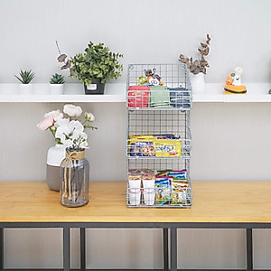 3 Tier Stackable Tea Bag Organizer with 5 Hooks Metal Wire Basket Coffee Condiment Snack Rack Holder Countertop Caddy Bin Wall Mount Shelf for Office Kitchen Cabinet Pantry-Silver Patent Desgin