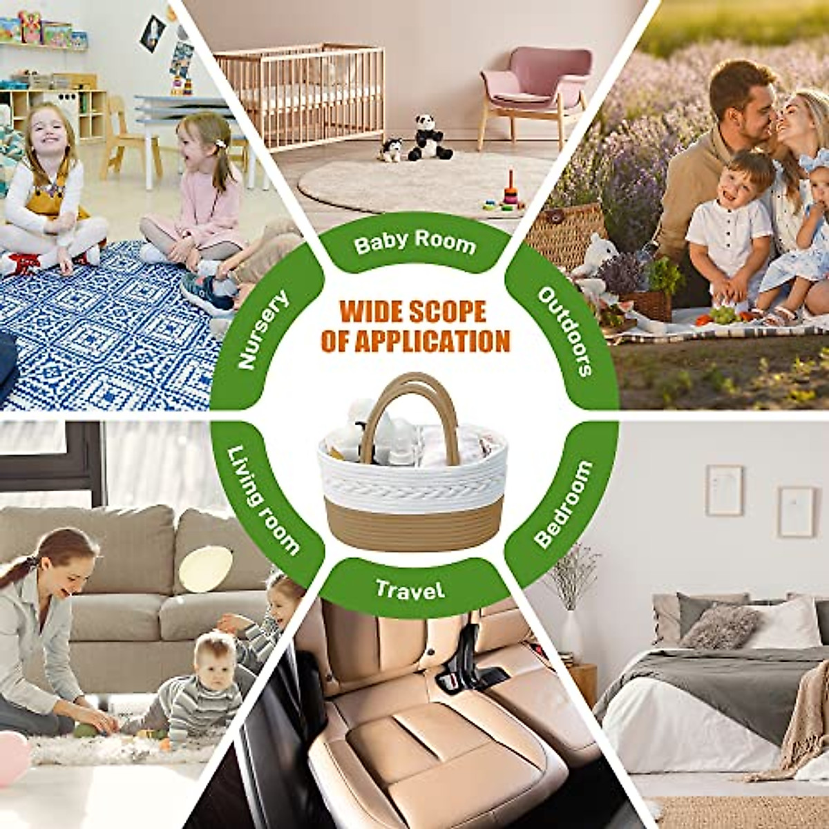 Twira Large Baby Diaper Caddy, Diaper Basket with Divider, Convenient Nursery Storage Box, Rope Diaper Box Organizer for Diapers, Changing Table Diaper Organizer (Brown & White)