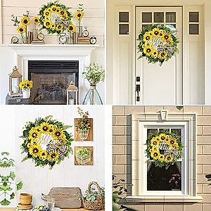 Waipfaru Sunflower Wreaths for Front Door, 20'' Sunflower Door Wreath with Welcome Sign and Bow, Spring Summer Wreath for Farmhouse Front Porch Patio Window Decor