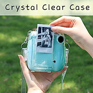 CAIYOULE Clear Case for Fujifilm Instax Mini 7+ Plus Camera Case Protective Case with Back Photo Storage Pocket, Selfie Mirror, Stickers and Adjustable Shoulder Strap