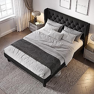 Allewie Queen Size Bed Frame with Button Tufted Wingback Headboard, Modern Upholstered Bed Frame with Solid Wooden Slats Support - No Box Spring Needed, Easy Assembly, Black