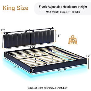 DICTAC Floating King Bed Frame with RGB LED Lights Modern Upholstered King Size Led Bed Frame with Wall Mounted Headboard,No Box Spring Needed,White