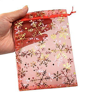 SUNGULF 100pcs Organza Pouch Bag Drawstring Gift Bags (Red Gold Snowflake, 5x7 Inch)