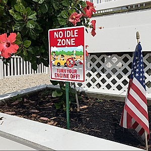 SmartSign 12 x 10 inch “No Idle Zone - Turn Your Engine Off” LawnBoss Yard Sign with 3 foot Stake, 40 mil Laminated Rustproof Aluminum, Multicolor, Set of 1, Made in USA