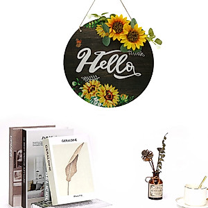 Autonomier Hello Welcome Wood Wall Hanging Sign, Colourful Sunflower Wooden Front Door Decor, Round Antique Wood Rustic Porch Decoration for Home Office Garden Farmhouse, 12 x 12 Inch（Brown）