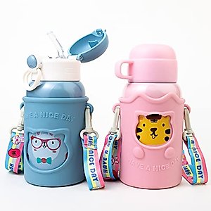 17 oz Kids Insulated Water Bottles with Sleeve - BPA Free Leakproof Sport stainless steel Motivational Water Bottle with Straw & Strap & Insulated Neoprene Holder Great Gift for Kids Women Men (Pink)