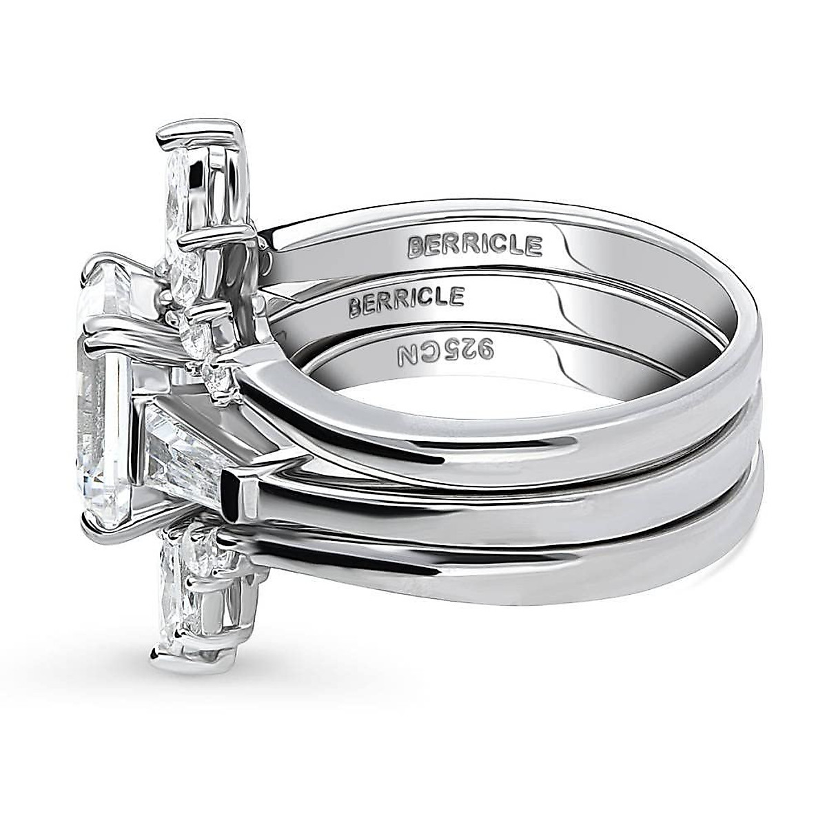 BERRICLE Sterling Silver 3-Stone Wedding Engagement Rings Emerald Cut Cubic Zirconia CZ 7-Stone Ring Set for Women, Rhodium Plated Size 5.5