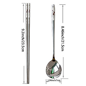 YAPULLYA Reusable Chopstick and Spoon Set, Korean Long Handle Stainless Steel Spoon and Chopsticks Set, Dishwasher Safe Metal Chop sticks, Set of 3. (Multi-patterned)