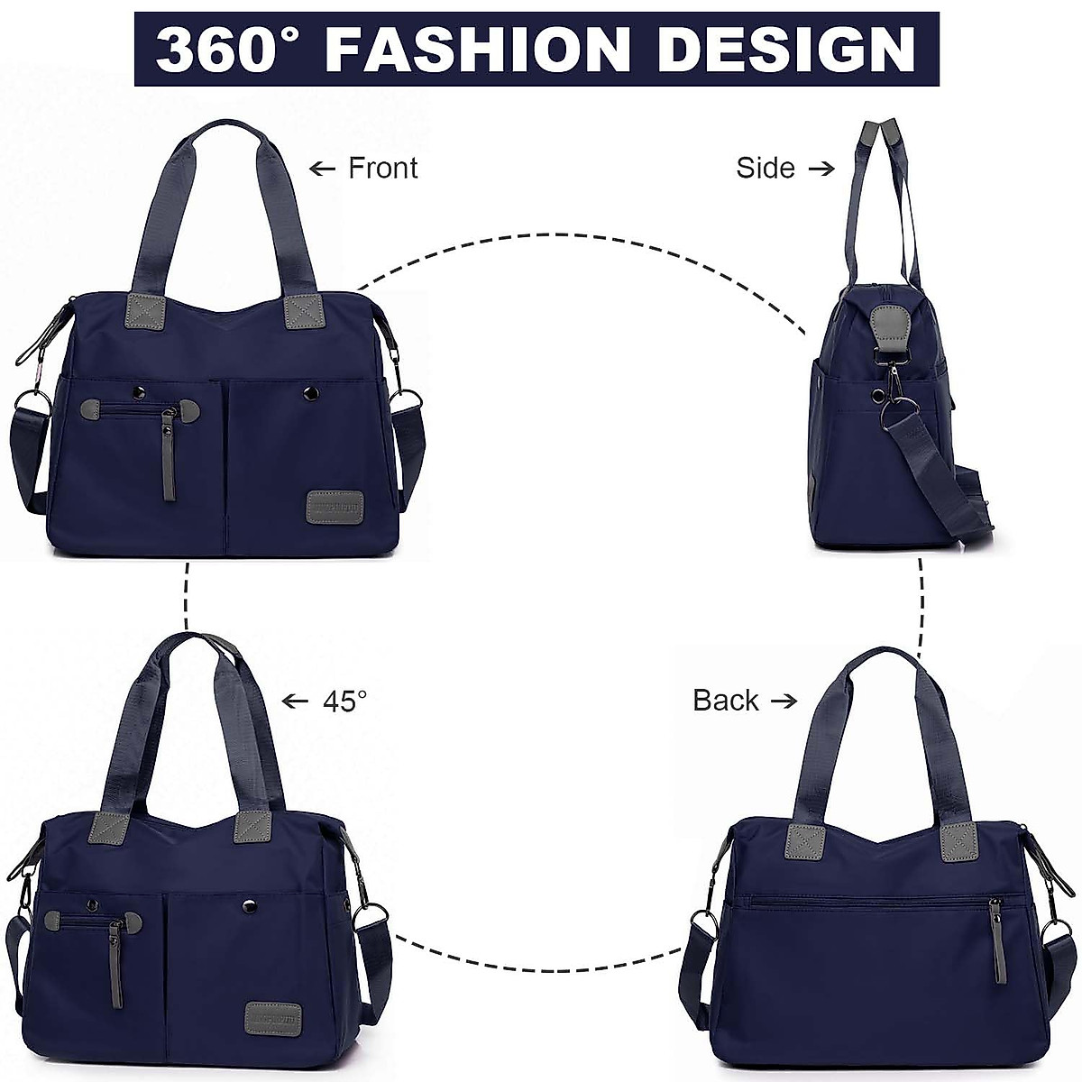 Women Tote Bag with Multiple Pockets & Zipper for Work ,Nylon Tote Handbag ,Large Shoulder Purse,Waterproof Galaxy Cross body Bag for Travel (Navy Blue 1)
