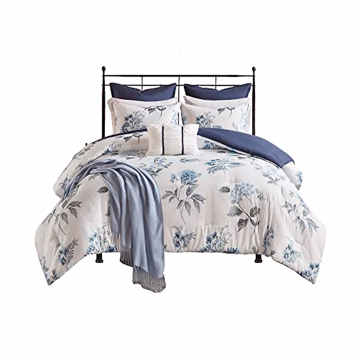Madison Park Zennia Farmhouse Comforter Set with Throw-Blanket, Floral Print on Seersucker Textures, All Season Bedding, Matching Shams, Toss Pillows, Full/Queen(90"x90"), Blue 7 Piece