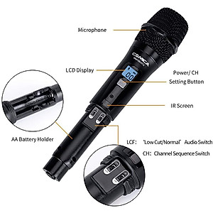 Comica CVM-WM100H Wireless Handheld Microphone with UHF 48 Channels, 328 ft Wireless Range,Real time Monitor, LCD Display, Wireless Microphone for Camera, Camcorder, iPhone, Samsung and More
