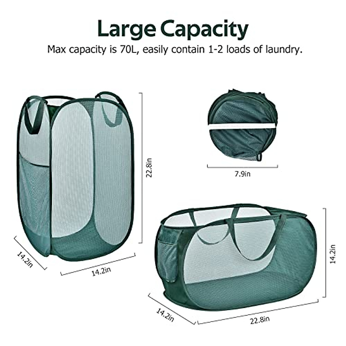 OTraki 2 Pack 70L Mesh Laundry Hampers with Long Handles Pop Up Clothes Basket for Laundry Collapsible Hamper with Large Side Pocket for Socks Detergent Hangers Easy to Carry in Home Hotel Green