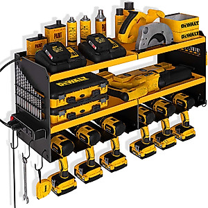 Spampur Power Tool Organizer Wall Mount with Charging Station, Garage Tool Shelf 6 Drill Holders, Tool Battery Holder with Screwdriver Heavy Duty Rack, Tool Storage Rack with 4 Outlet Power Strip