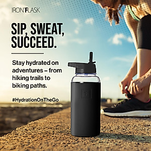 IRON °FLASK Glass Sports Water Bottle - Straw Lid, Airtight Leak Proof, Vacuum Insulated, Bosilicate Glass, Silicone Sleeve, Retains Temperature - Midnight Black, 32 Oz