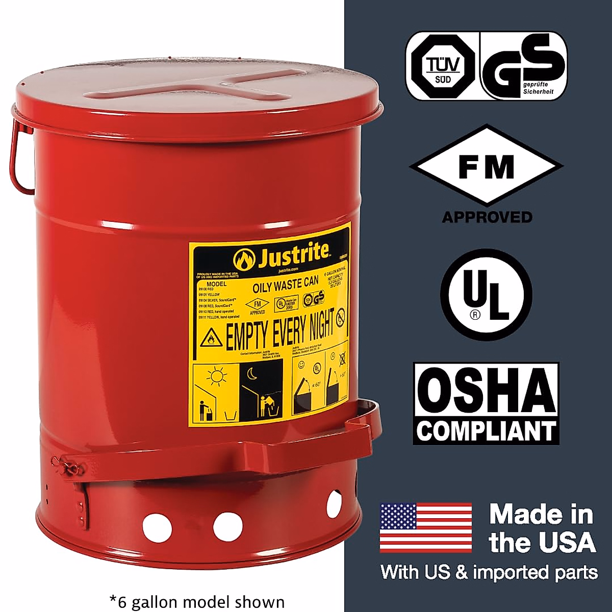 Justrite 10 Gallon Galvanized Steel Oily Waste Can, 18" x 14" Metal Oil Rag Safety Can With Foot Operated Self-Closing Lid for Oil Rag Disposal, Made in the USA, Red, 09300