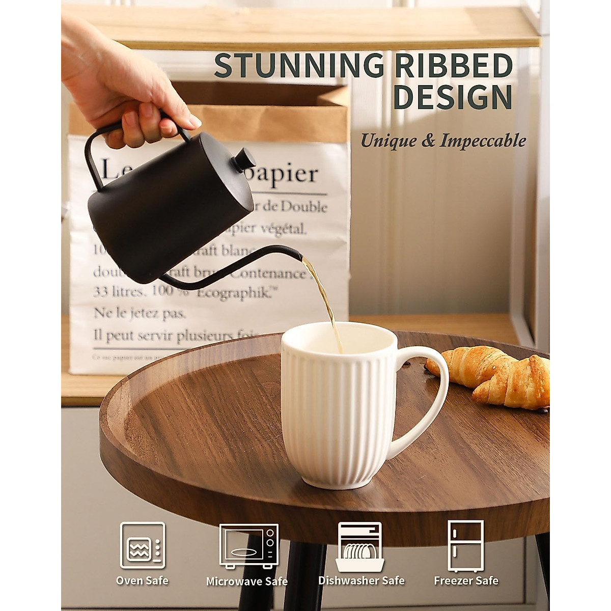 Hasense Ceramic Coffee Mug, 20 Oz Ceramic Coffee Cup with Handle, Modern Ribbed Design Tea Cup for Latte, Cocoa, Coffee, Thanksgiving, Christmas Gift, Dishwasher & Microwave Safe, White