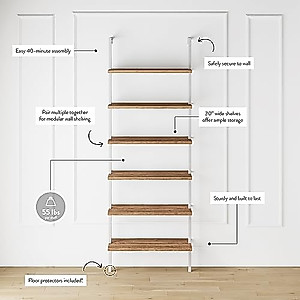 Nathan James Theo 6-Shelf Tall Bookcase, Wall Mount Bookshelf with Natural Wood Finish and Industrial Metal Frame, Rustic Oak/White
