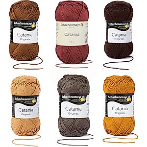 6 Balls of Schachenmayr Catania Originals Yarn, Mercerised Cotton Amigurumi Yarn, Easy Crochet Yarn, Mix Colors, 2-Fine (Brown Mix)