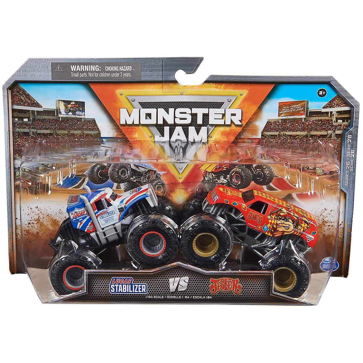 Monster Jam, Official Lucas Stabilizer Vs. Jester Die-Cast Monster Trucks, 1:64 Scale, Kids Toys for Boys Ages 3 and up