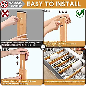 Toydoooco Bamboo Drawer Dividers, Kitchen Drawer Organizer with Spring Loaded,Separators for Dresser,Bathroom,Office 16.5"-22" Pack of 6