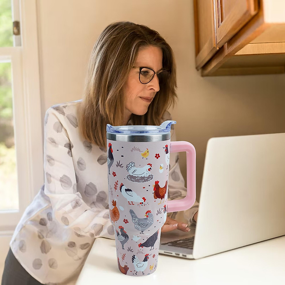 PERRIFIC 30 oz Tumbler with Handle and Straw Lid Leak Proof, Chicken and Rooster Design Coffee Travel Mug with Handle Insulated for Hot and Cold Drink Ice, Mother's Day Birthday Gifts for Women Mom