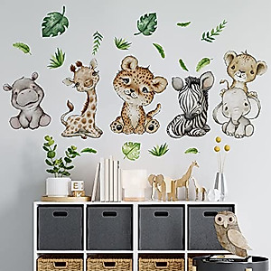 Yovkky Watercolor Baby Safari Animals Wall Decals Stickers, African Jungle Elephant Zebra Giraffe Hippo Lion Leopard Cheetah Kids Room Nursery Decor, Neutral Palm Leaf Crib Decorations Bedroom Art