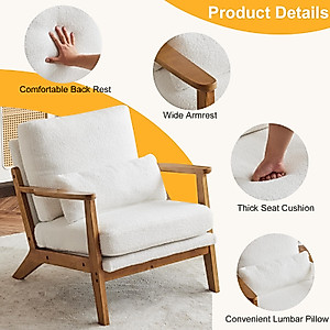 Karl home Accent Chair Wide Armrest Mid-Century Lounge Chair Teddy Fleece Armchair with Lumbar Pillow & Solid Wood Frame for Living Room, Bedroom, Balcony, White