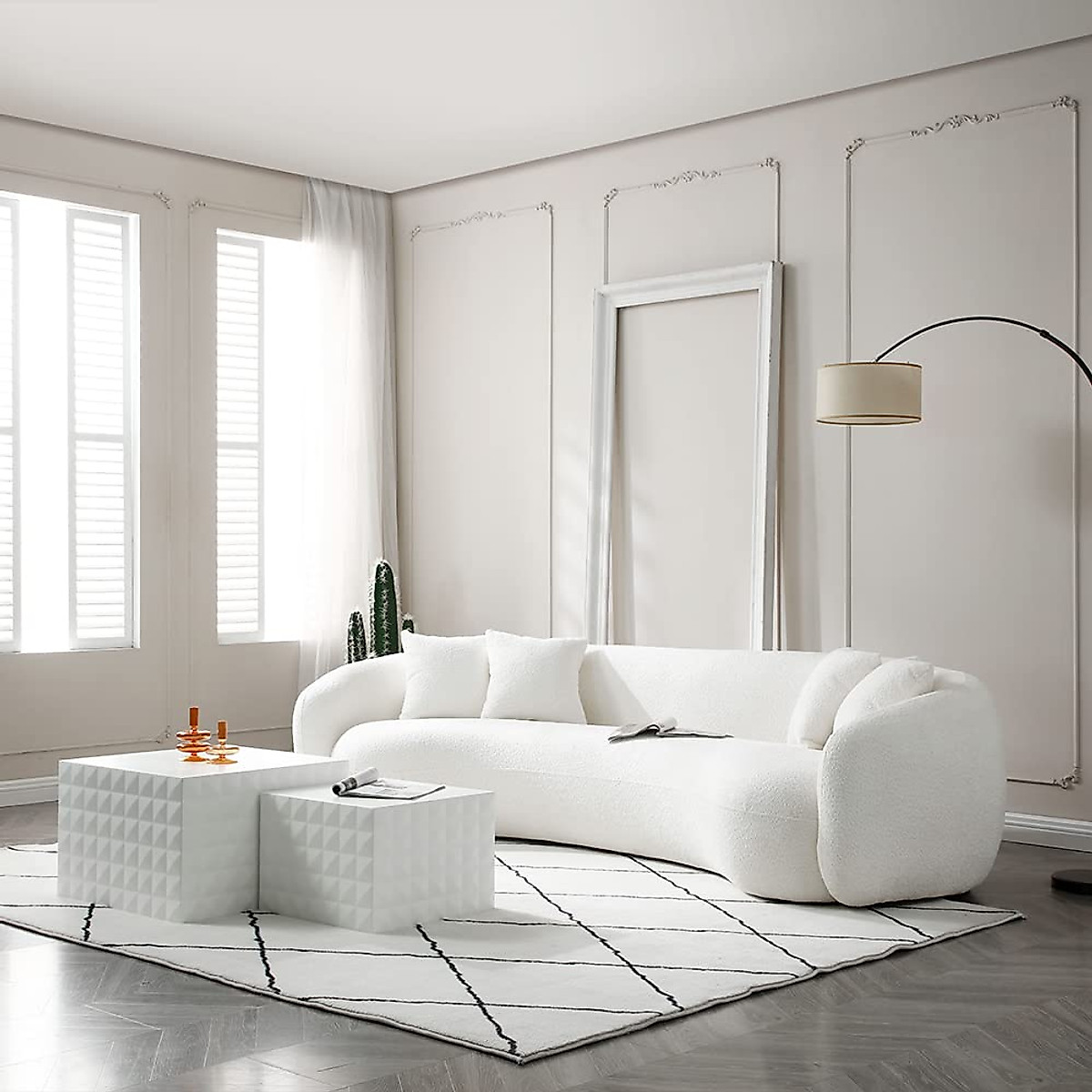 LyuHome 101.4" Curved Sofa Couch, Modern Boucle Couch, Comfy Cloud Couch, Luxury 4 Seat Cushion Couch with Pillows for Living Room/Apartment Beige