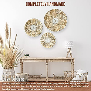 Seagrass Hanging Woven Wall Baskets Set of 3 - Boho Farmhouse Handcrafted & Unique Wicker Wall Art Decor for Living Room, Dining Room, Bedroom