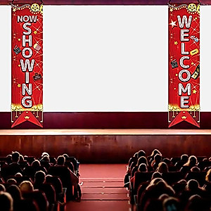 2Pcs Movie Night Party Decorations Porch Sign Banner Movie Theme Wall Decor Welcome Now Showing Movie Background Hanging Porch Sign for Home Film Backdrop Party Supplies