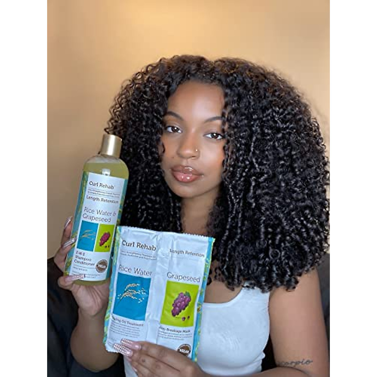 Curl Rehab Length Retention/Strength Treatment 2 in 1 Shampoo Conditioner (3 Pack), Enriched with Rice Water & Grapeseed, For Hair Growth, Protection & Frizz Control, 16 Oz