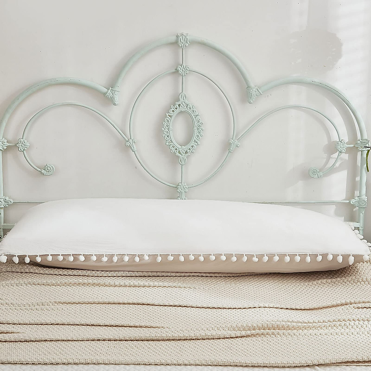 Bedbay White Body Pillow Pillowcases,Pom Pom Pillow Cases,Ball Fringe Cute Bed Pillowcases,Soft Microfiber Beige Long Pillow for Bed,Decorative Pompom Trim Body Pillow Covers for Girls Teen Adults