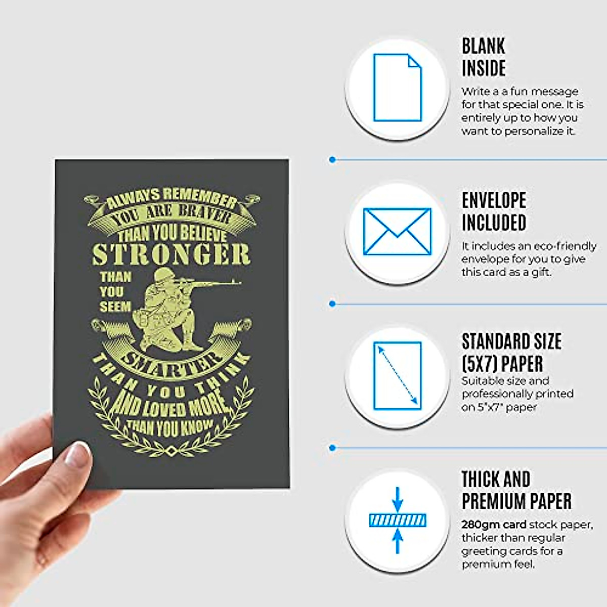 Motivational card for soldier, veteran with envelope | A great inspirational card to show appreciation for a militar on a special day (Birthday, retirement, graduation.)